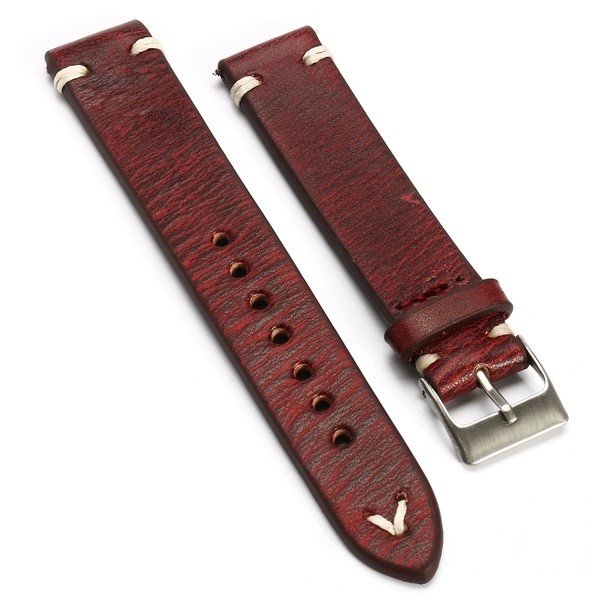 Vintage klockarmband Röd - vit sömnad - Äkta kalvläder - 18mm, 20mm ...